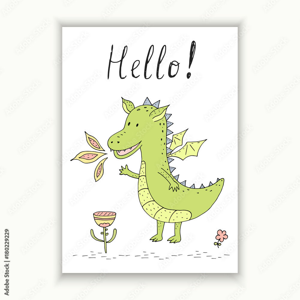 Hello card. Happy Smiling Dragon Cartoon Character. Vector illustration ...