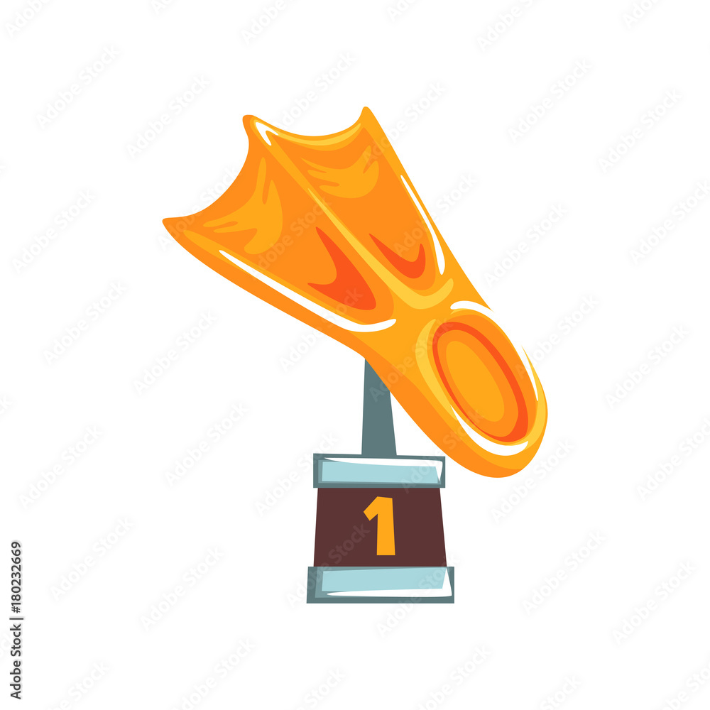 Cartoon golden trophy in form of fin on brown base. Bright figurine for ...