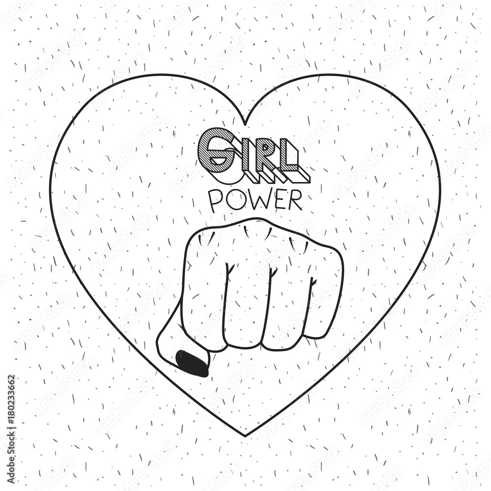 girl power poster text and fist symbol in heart black silhouette over ...