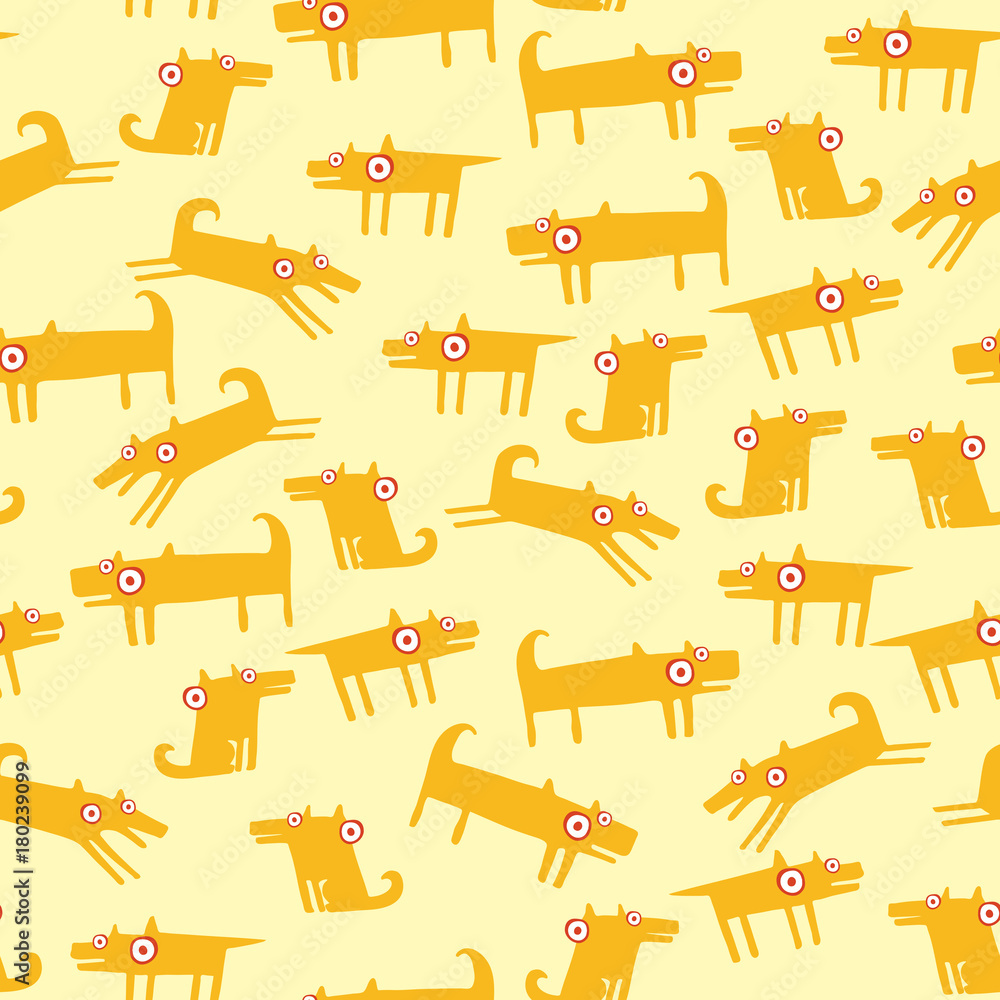 Seamless dog pattern with funny pets with big eyes, in different poses ...