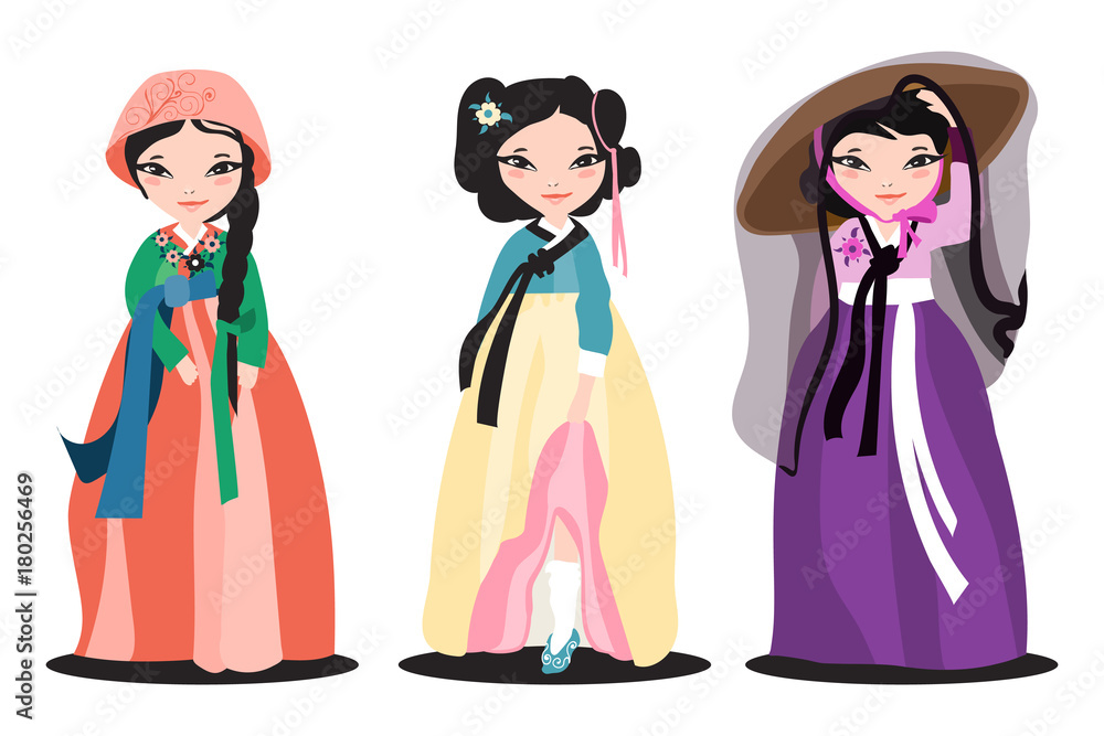 Set of the beautiful hanboks on korean women. Traditional korean dress ...