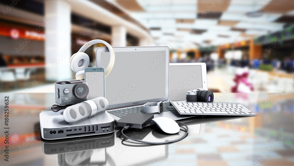 collection of consumer electronics 3D render on sale background Stock ...