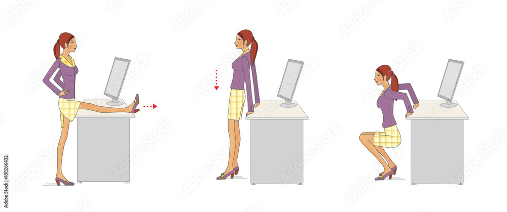 A young woman in the office performs exercises to strengthen the arms ...