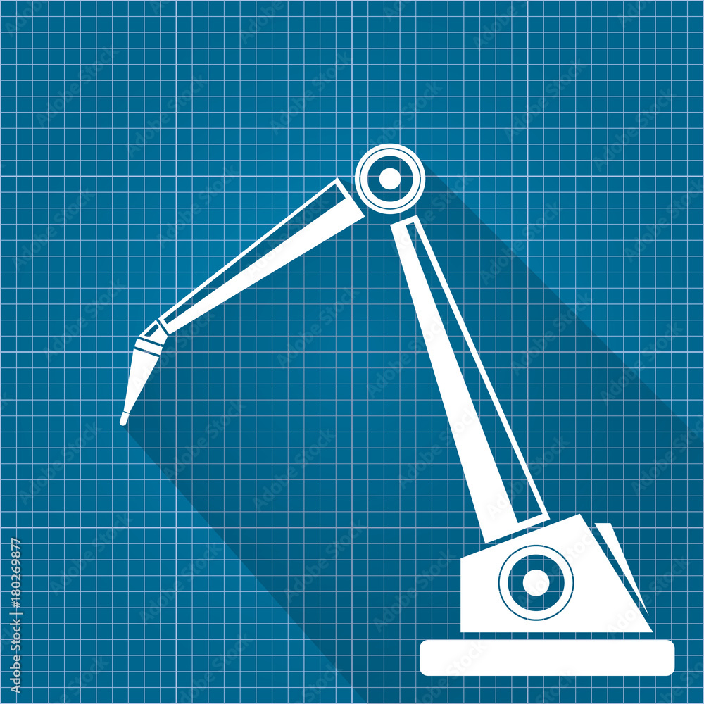 vector robotic arm symbol on blueprint paper background. robot hand ...