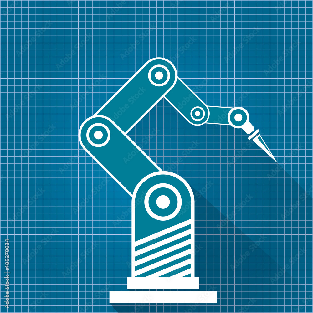 vector robotic arm symbol on blueprint paper background. robot hand ...
