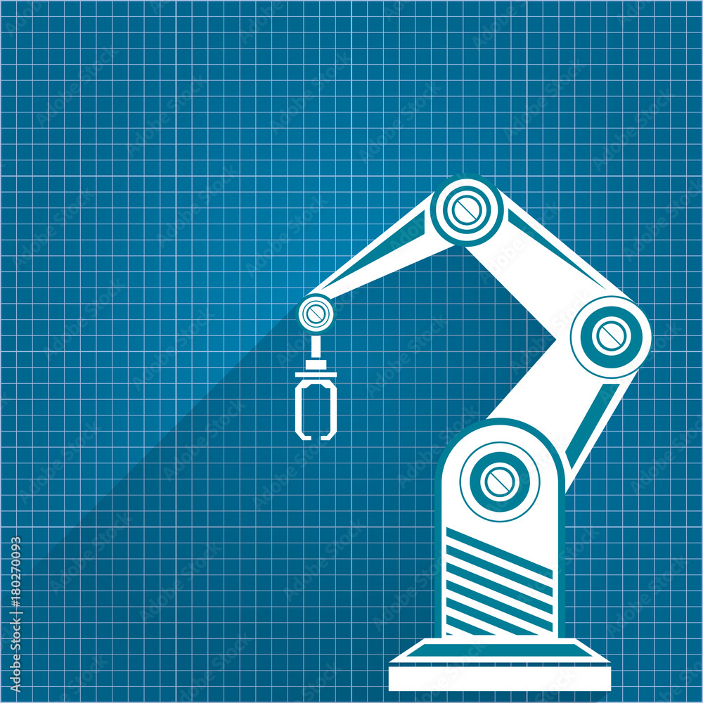 vector robotic arm symbol on blueprint paper background. robot hand ...