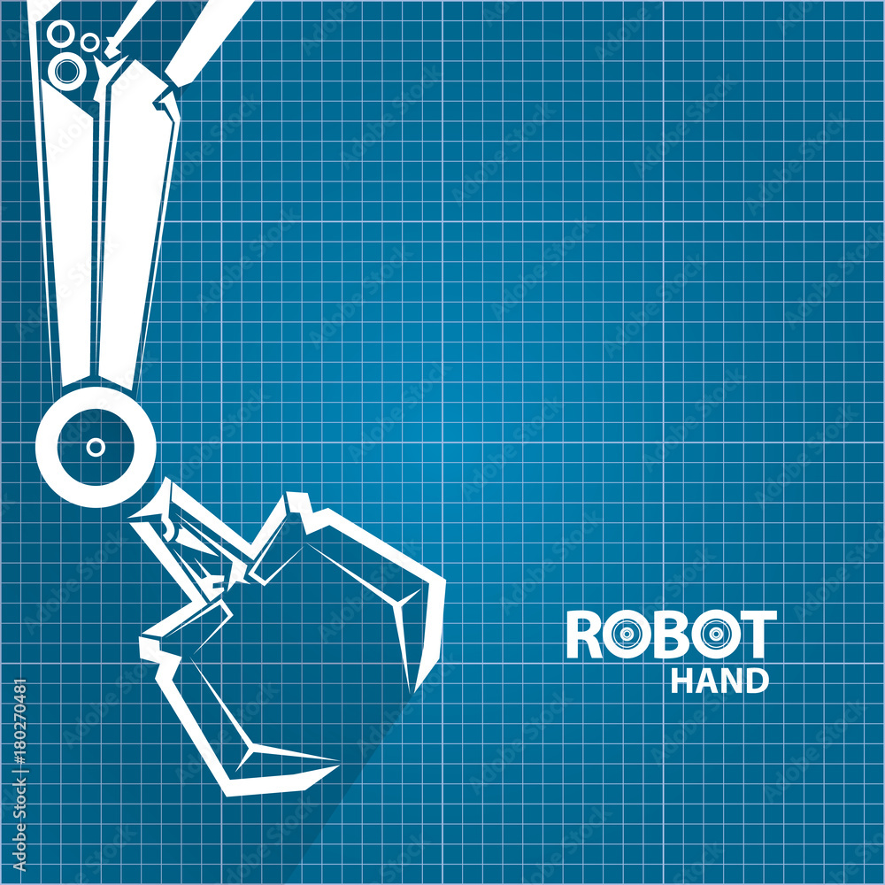 vector robotic arm symbol on blueprint paper background. robot hand ...