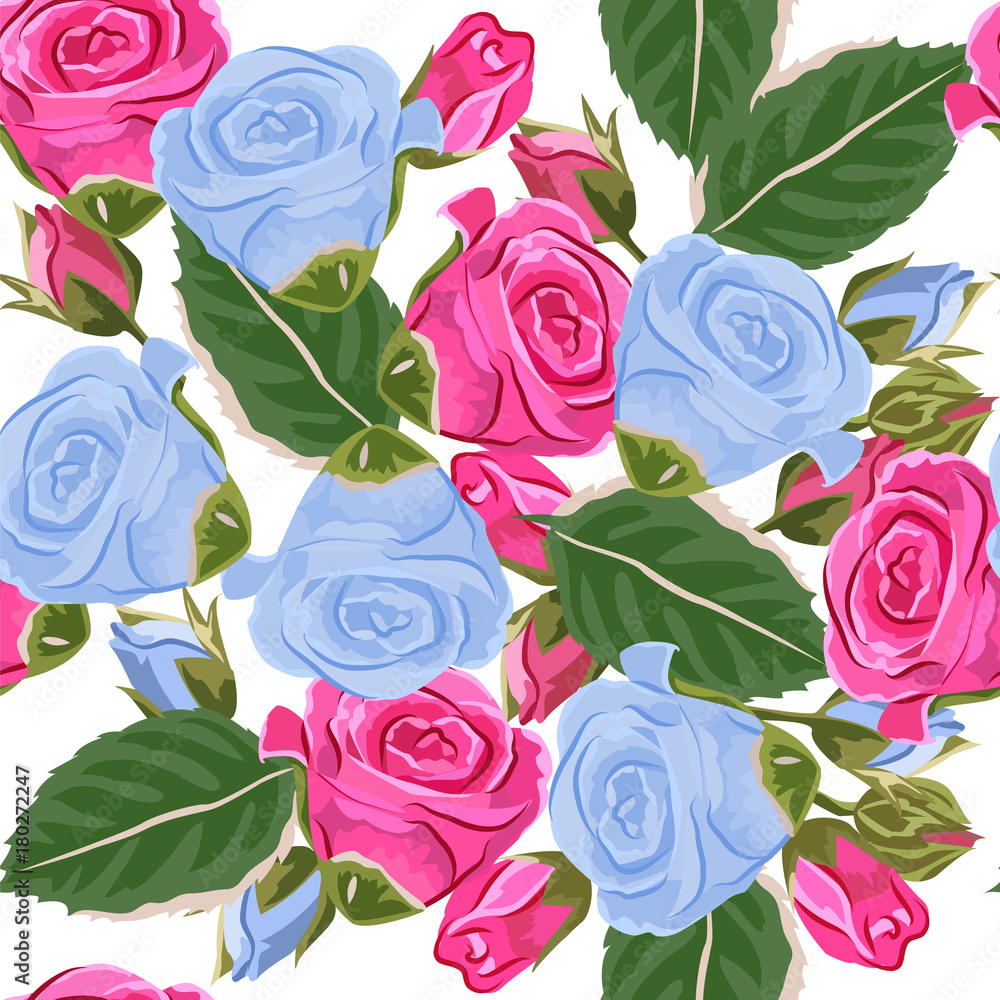 Seamless pattern with pink and blue roses. Hand-drawn floral background ...