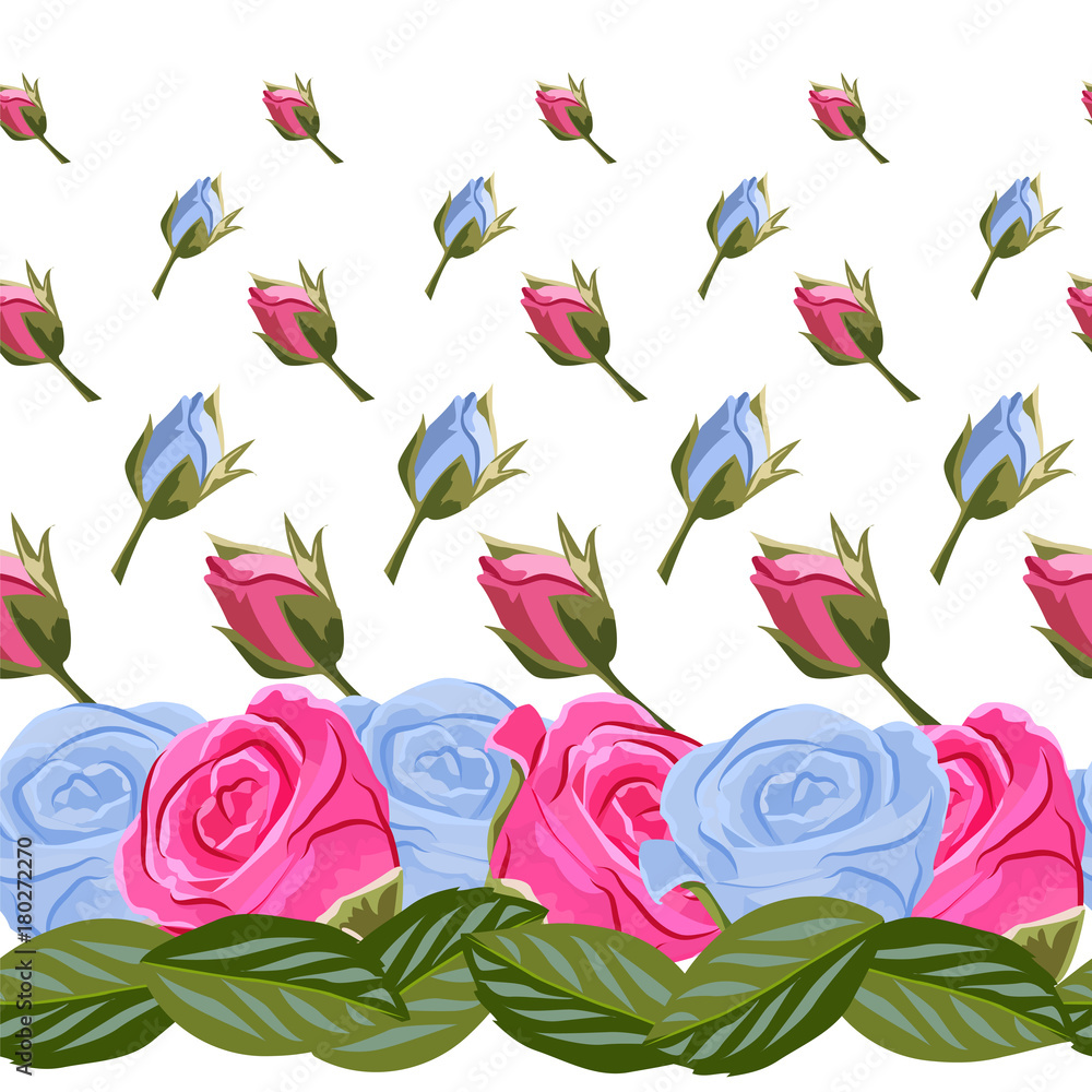 Seamless pattern with pink and blue roses. Hand-drawn floral background ...