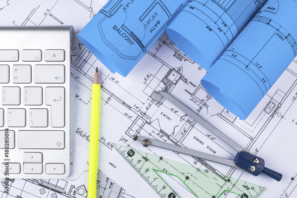 Architectural blueprint drawings of the modern house with computer ...