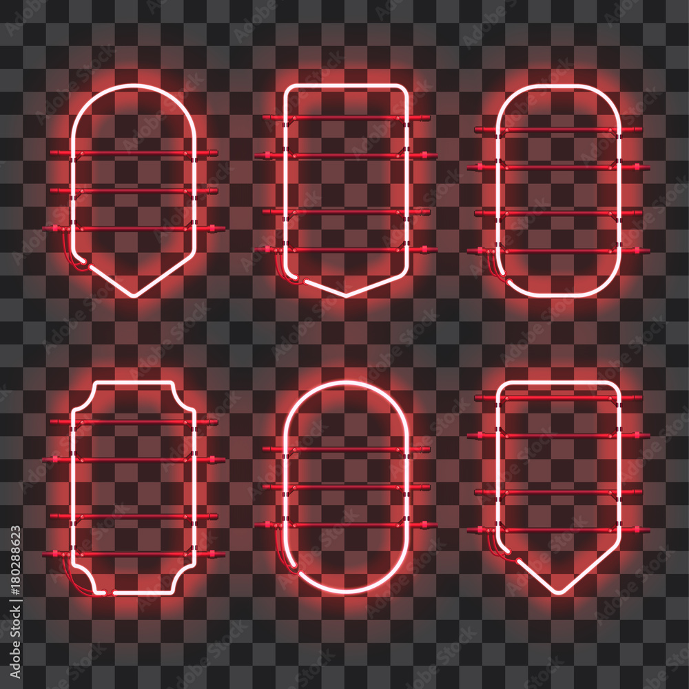 Set of realistic glowing red neon frames isolated on transparent ...