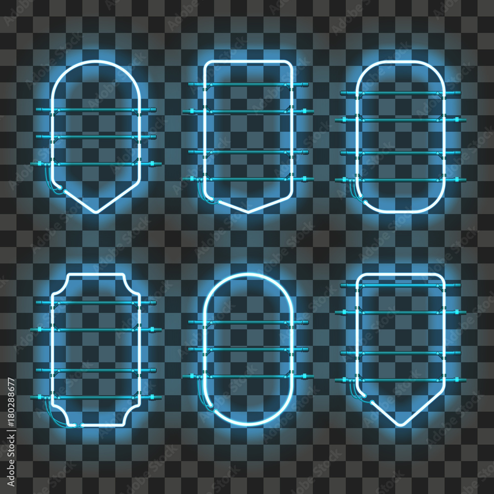 Set of realistic glowing blue neon frames isolated on transparent ...