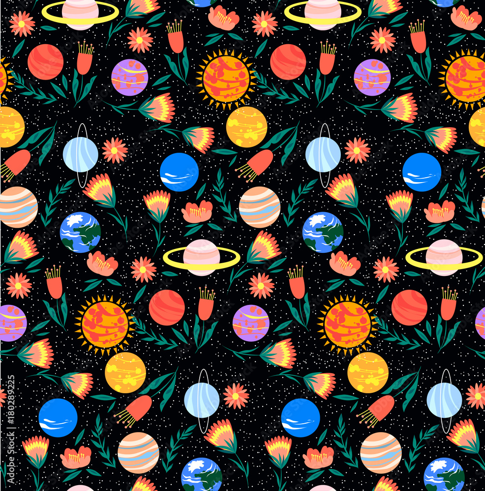 Space planets and flowers vector flat seamless pattern. Ideal for ...