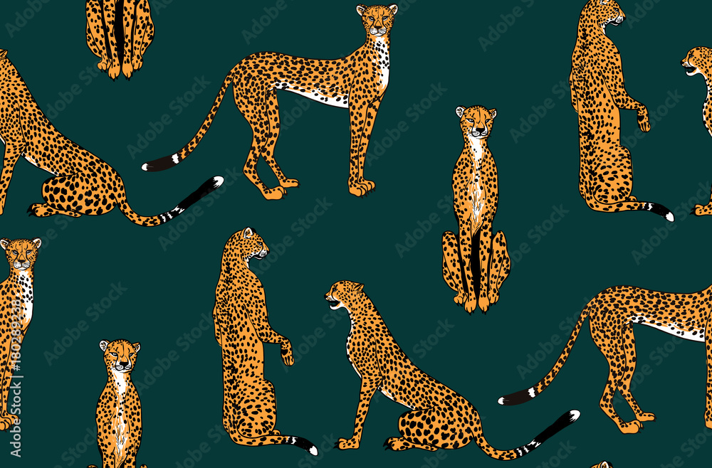 Poster Seamless leopard in different poses pattern. Vector illustration ...