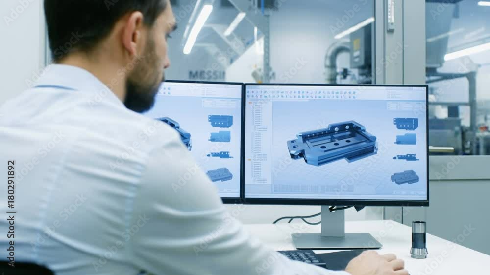 Engineer Working on a Personal Computer with Two Displays, He's ...