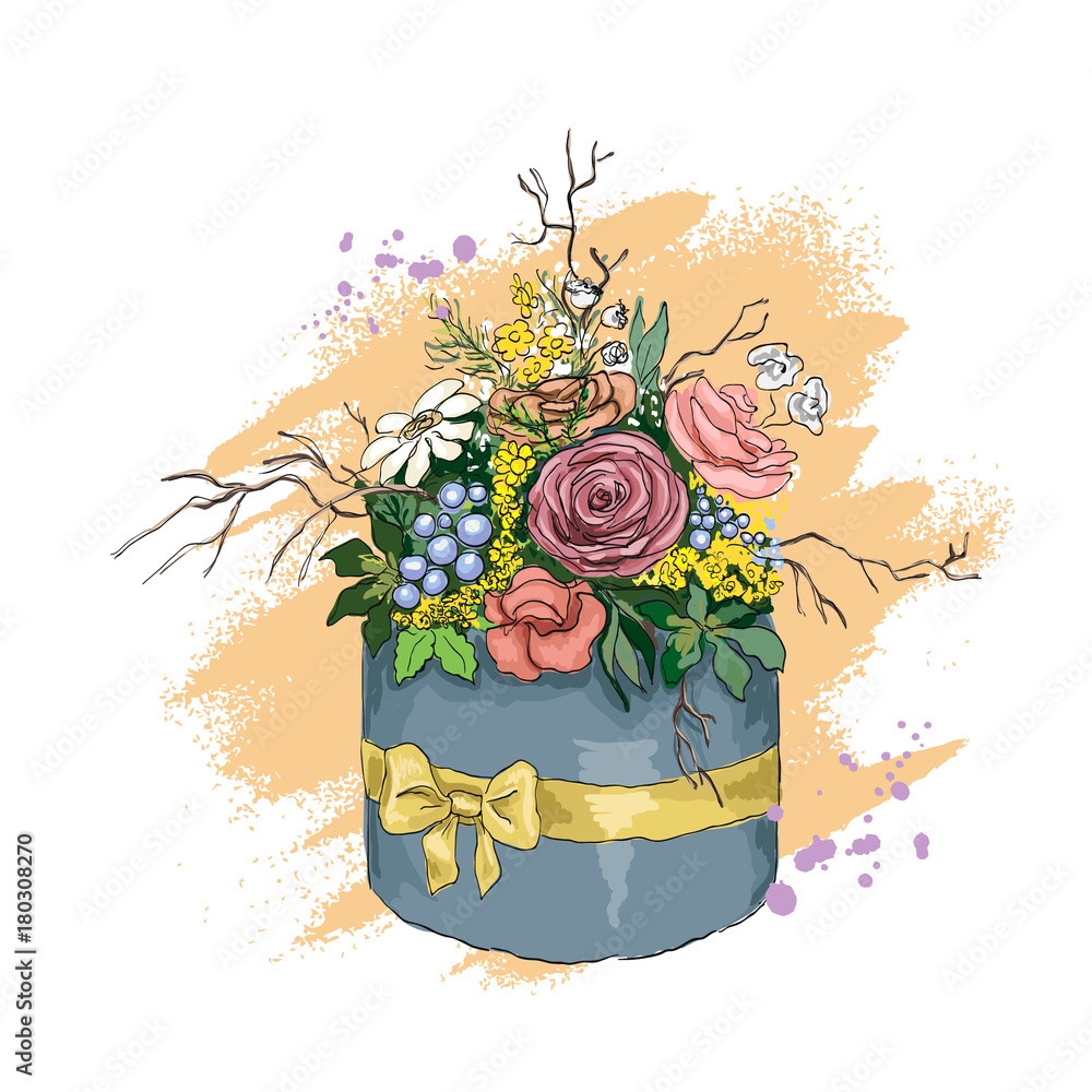 Beautiful hand drawn flowers box. A bouquet of flowers in a stylish box ...