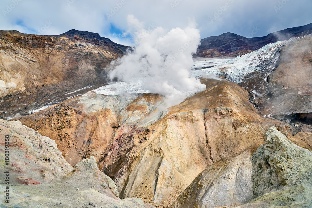 Walking route in the crater of the active volcano Mutnovsky on the ...