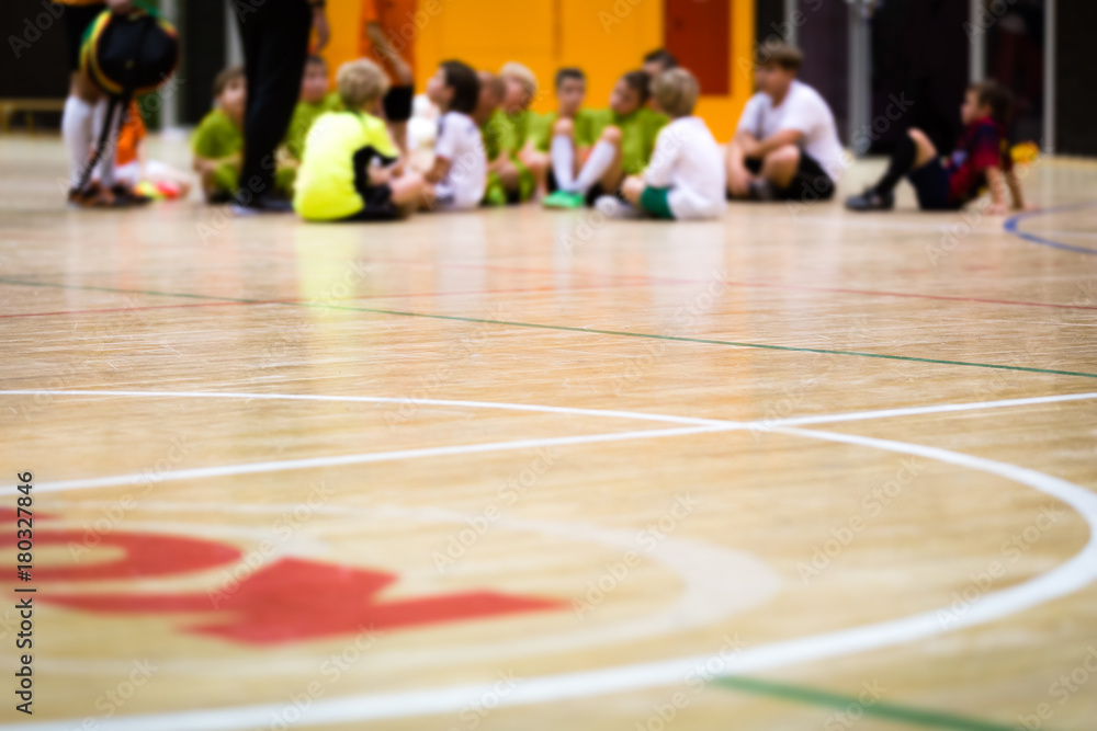 Physical Education Class. Indoor Soccer Training. Kids Futsal Team with ...