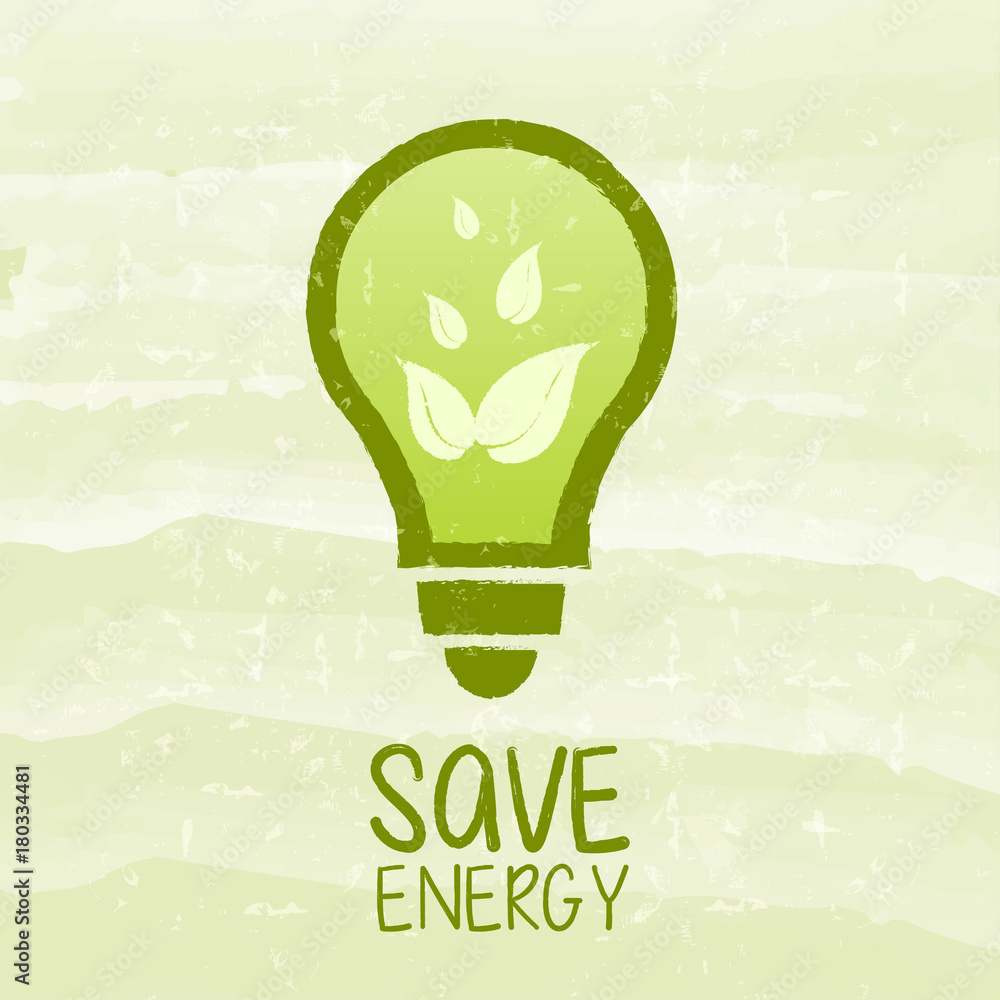 save energy and bulb symbol with leaf signs over green grunge ...