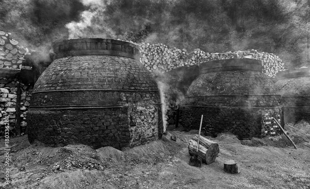 The production of charcoal in a traditional manner in the forest Stock ...