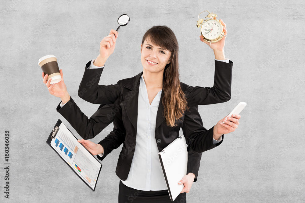 Multitask business woman with many hands. Stock-Foto | Adobe Stock