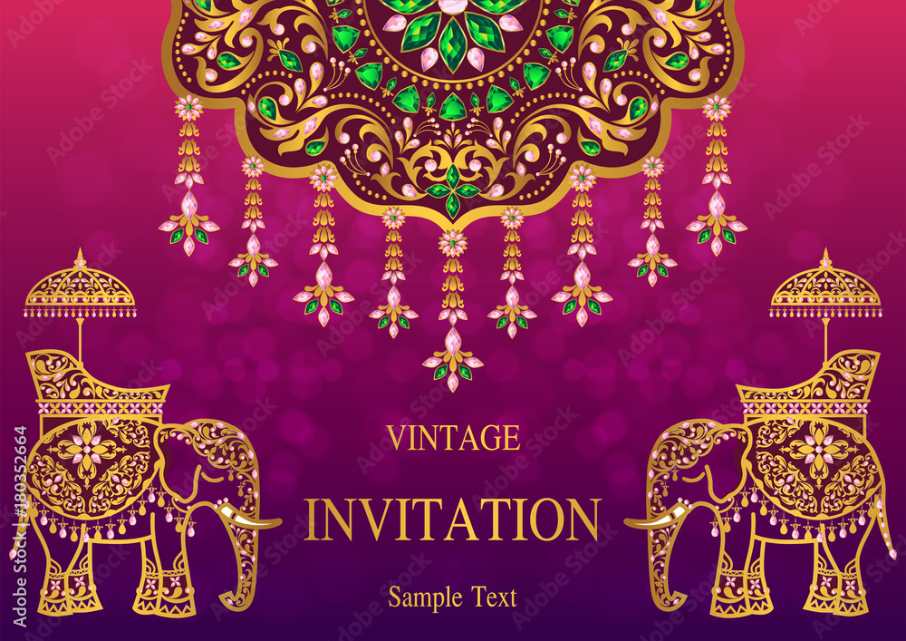 Wedding Invitation card templates with gold Elephant patterned and ...