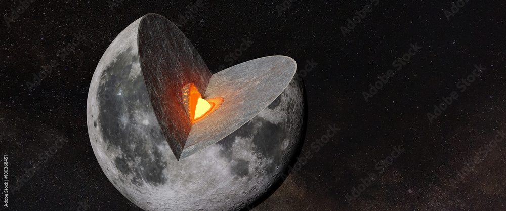 Moon structure, crust, mantle, core, in front of a star field Stock ...