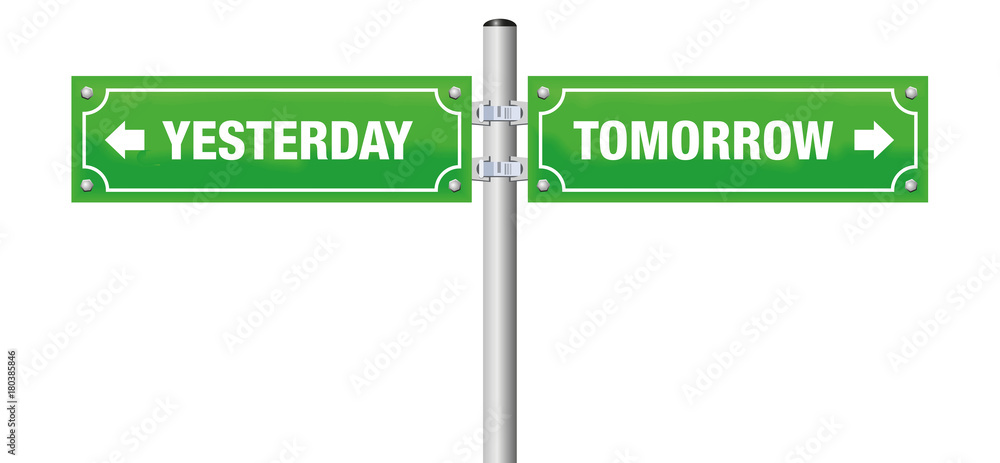 YESTERDAY and TOMORROW, written on two green street signs - symbol for ...