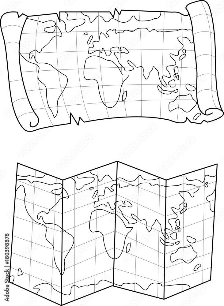 Vector illustration of an old and a new world map. Lines of a treasure ...