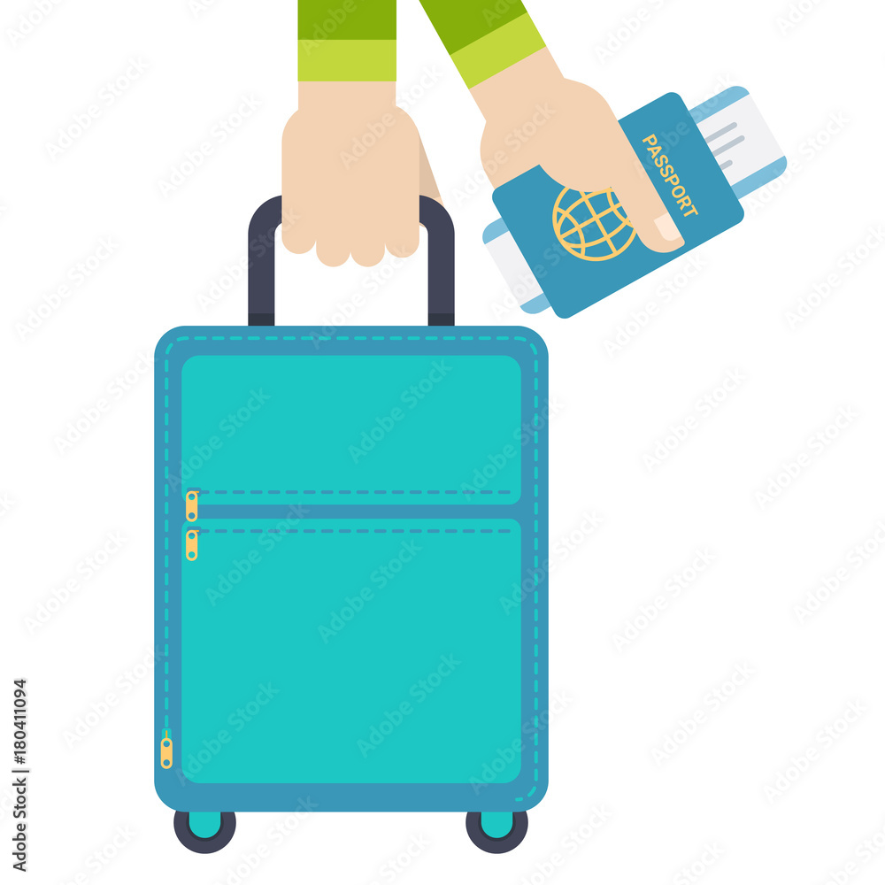 Hand holding travel bag, passport and ticket. Vector illustration on ...