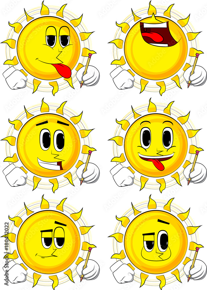Cartoon sun writing with pencil. Collection with happy faces ...