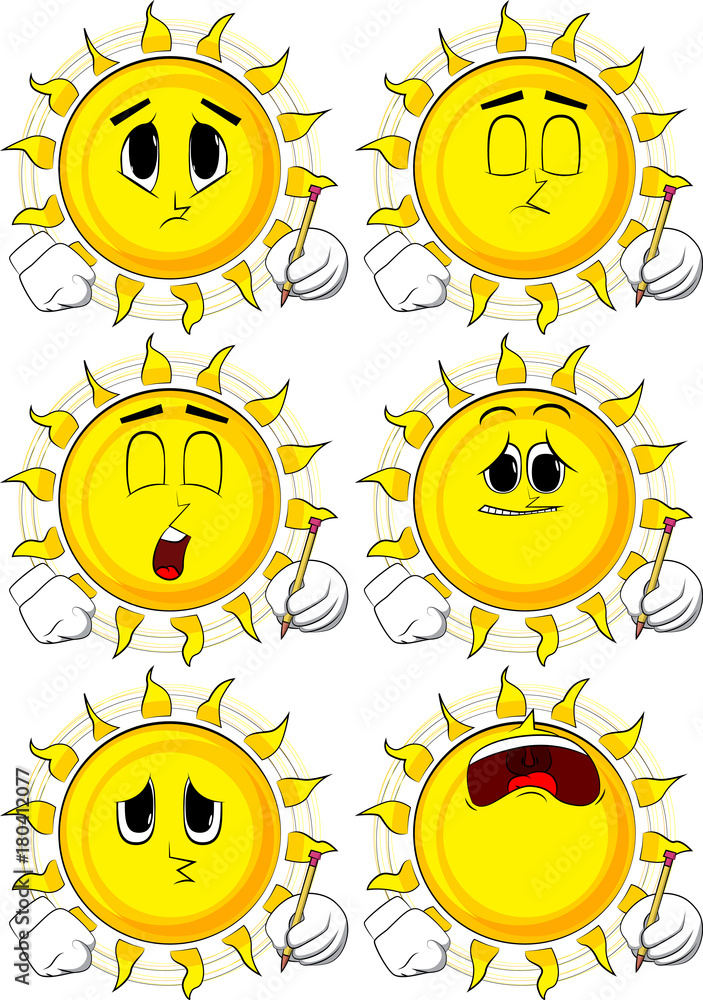Cartoon sun writing with pencil. Collection with angry faces ...