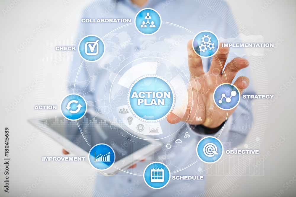 Action plan on the virtual screen. Planning concept. Business strategy ...