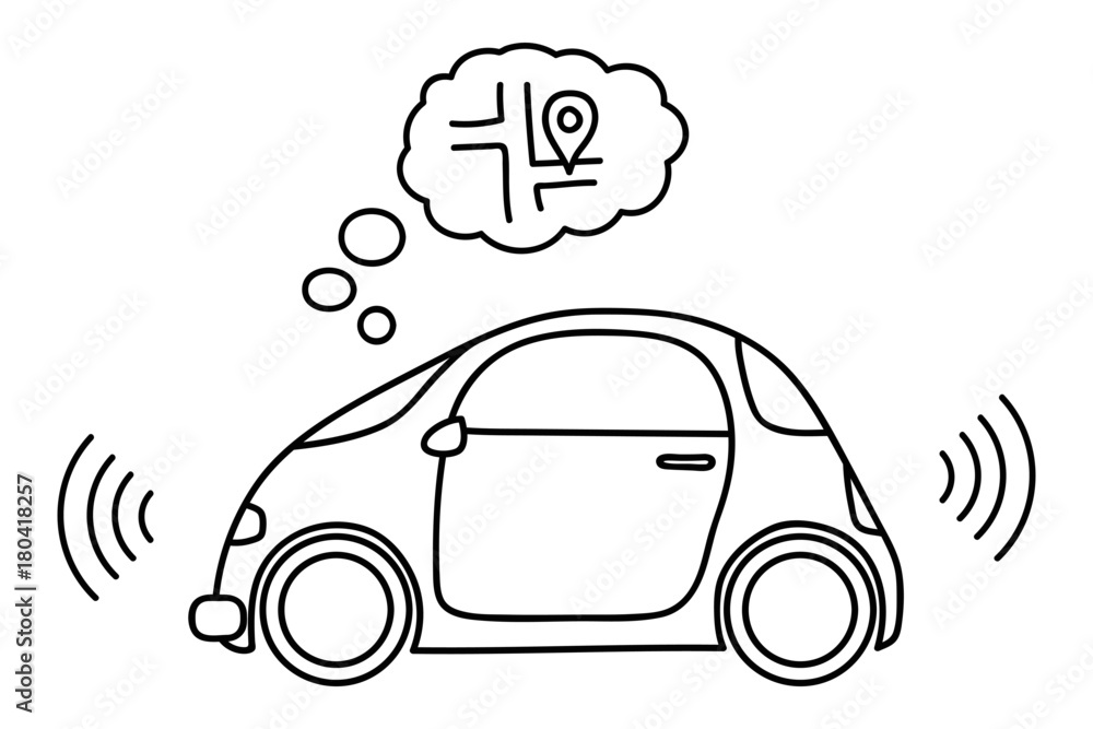 Hand drawn doodle of a self driving, driverless car with sensor and map ...