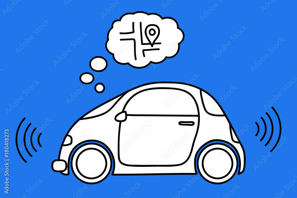 Hand drawn doodle of a self driving, driverless car with sensor and map ...