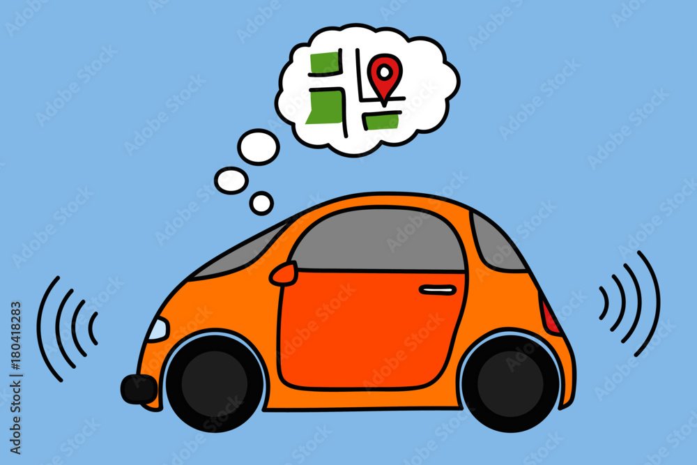 Hand drawn doodle of a self driving, driverless car with sensor and map ...
