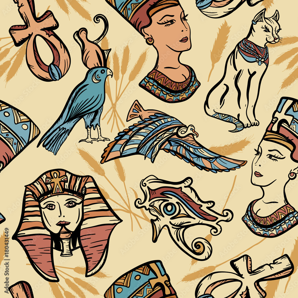 Ancient Egypt vintage seamless pattern, old school tattoo. Pharaoh ...
