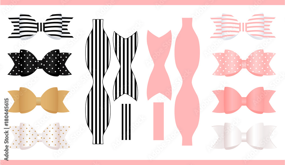 Set of realistic paper bows, pink, gold, white and black. Print and cut ...