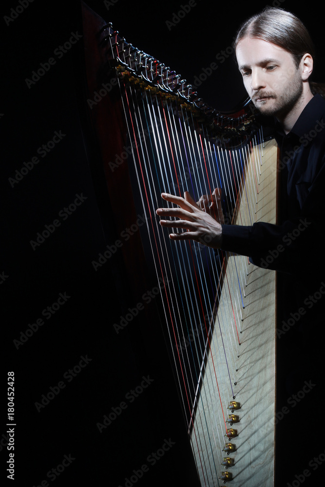 Foto Stock Harp player. Harpist musician playing Irish harp | Adobe Stock