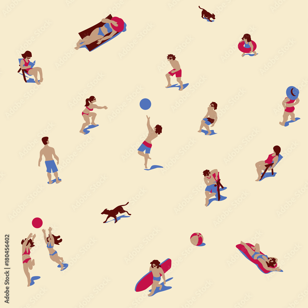 Vector Illustration of people sunbathing on sand beach. Seamless ...