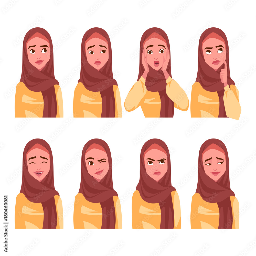 Set of Muslim woman's emotions. Stock Vector | Adobe Stock