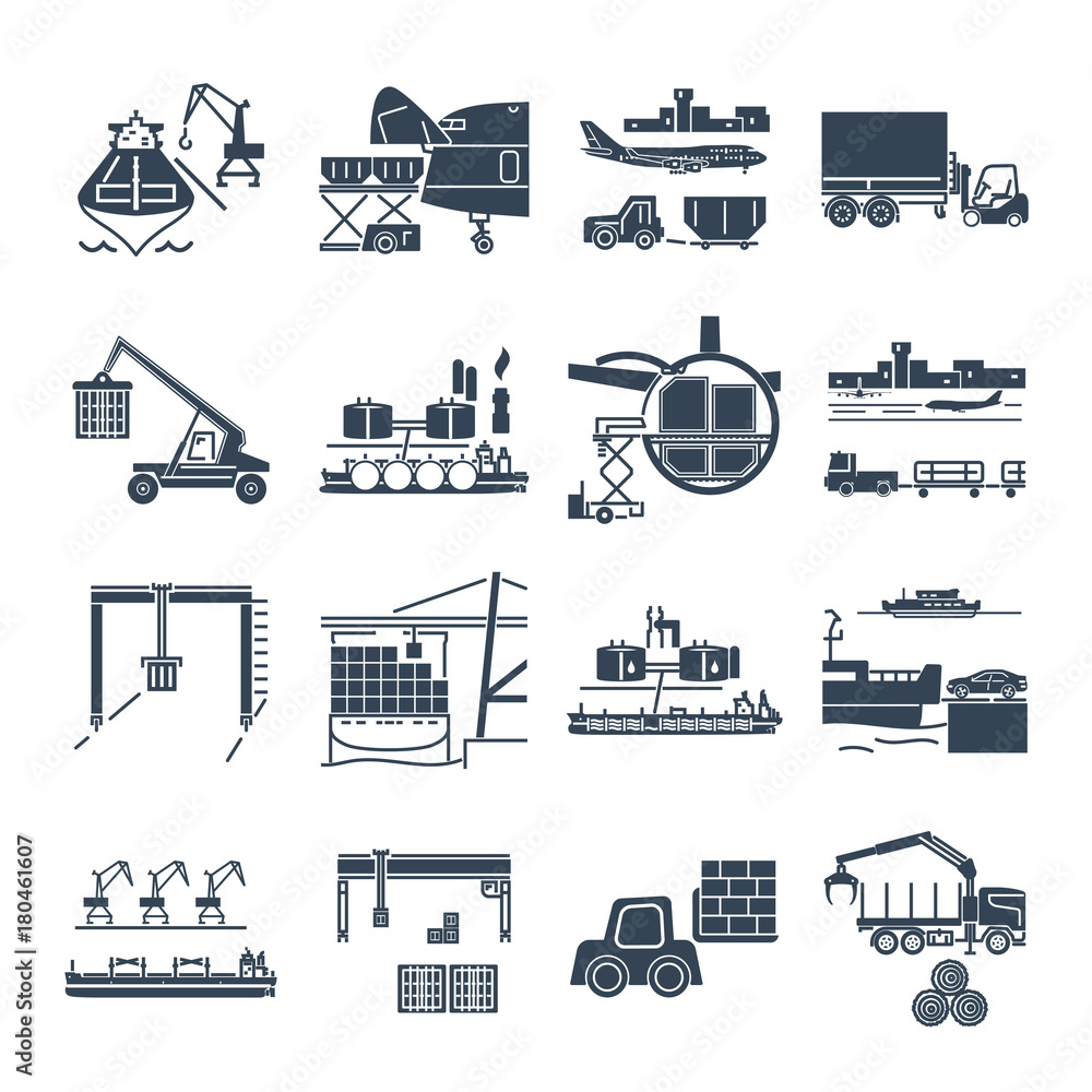 set of black icons loading and unloading of goods, warehousing Stock ...