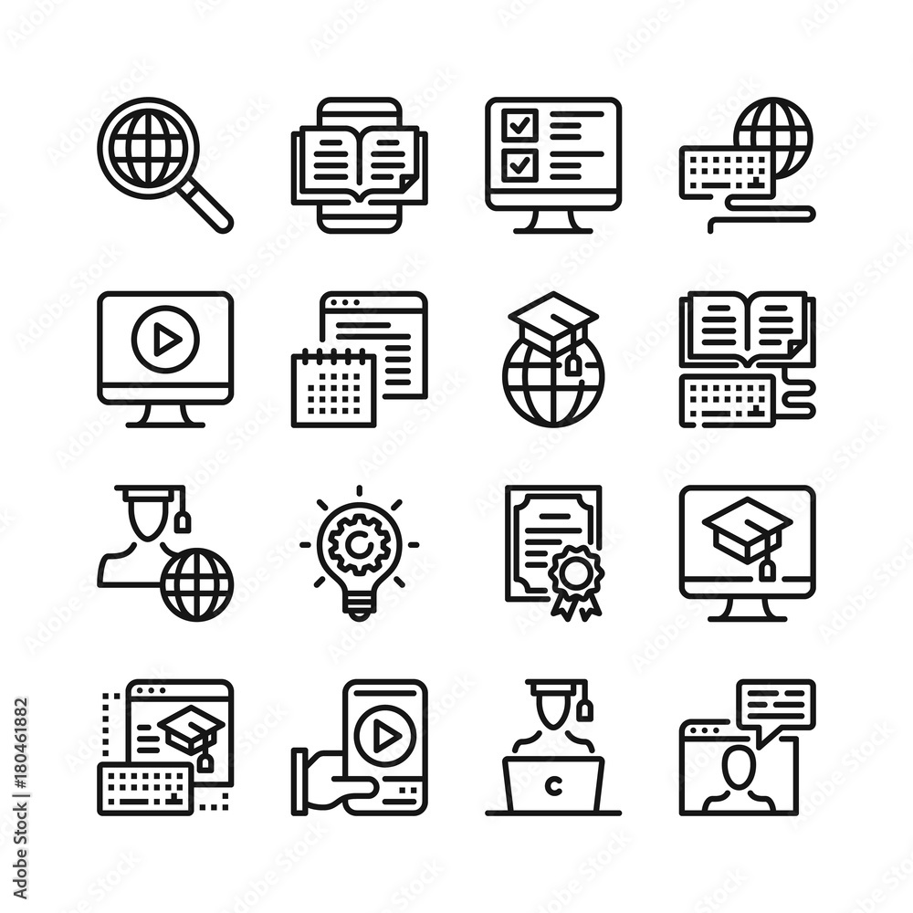 Online education line icons set. 48x48 px. E-learning, elearning ...