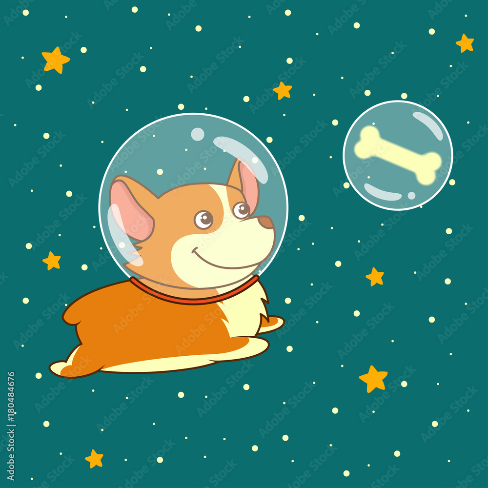 Cute smiling dog dressed in spacesuit is flying in outer space using ...