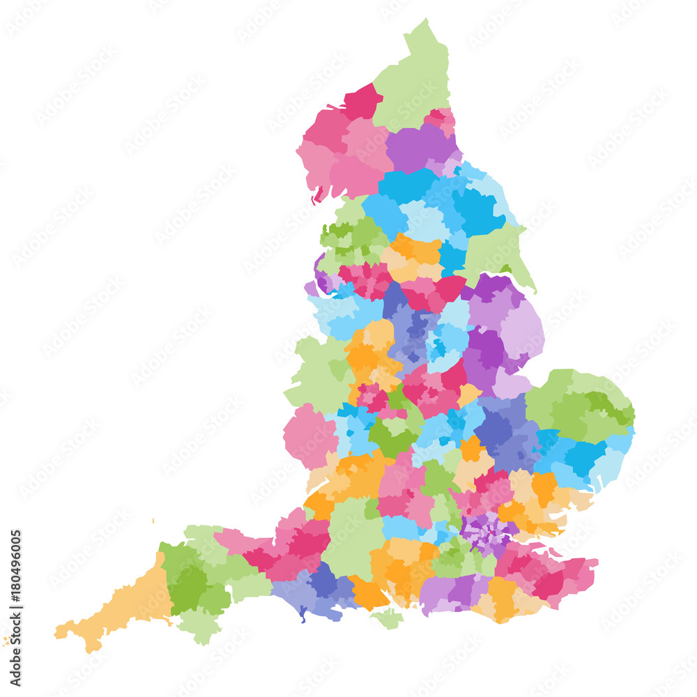 England ceremonial counties and their districts vector map. Each county ...