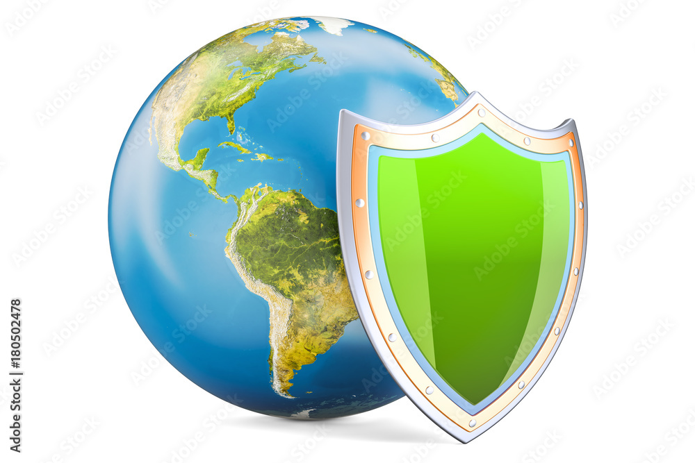 Earth Globe with shield, protect and safety concept. 3D rendering ...