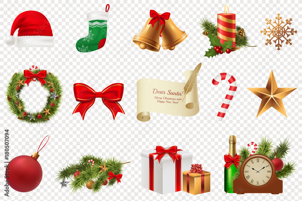 Christmas Symbols Big Set Colorful Christmas Icons Isolated On White