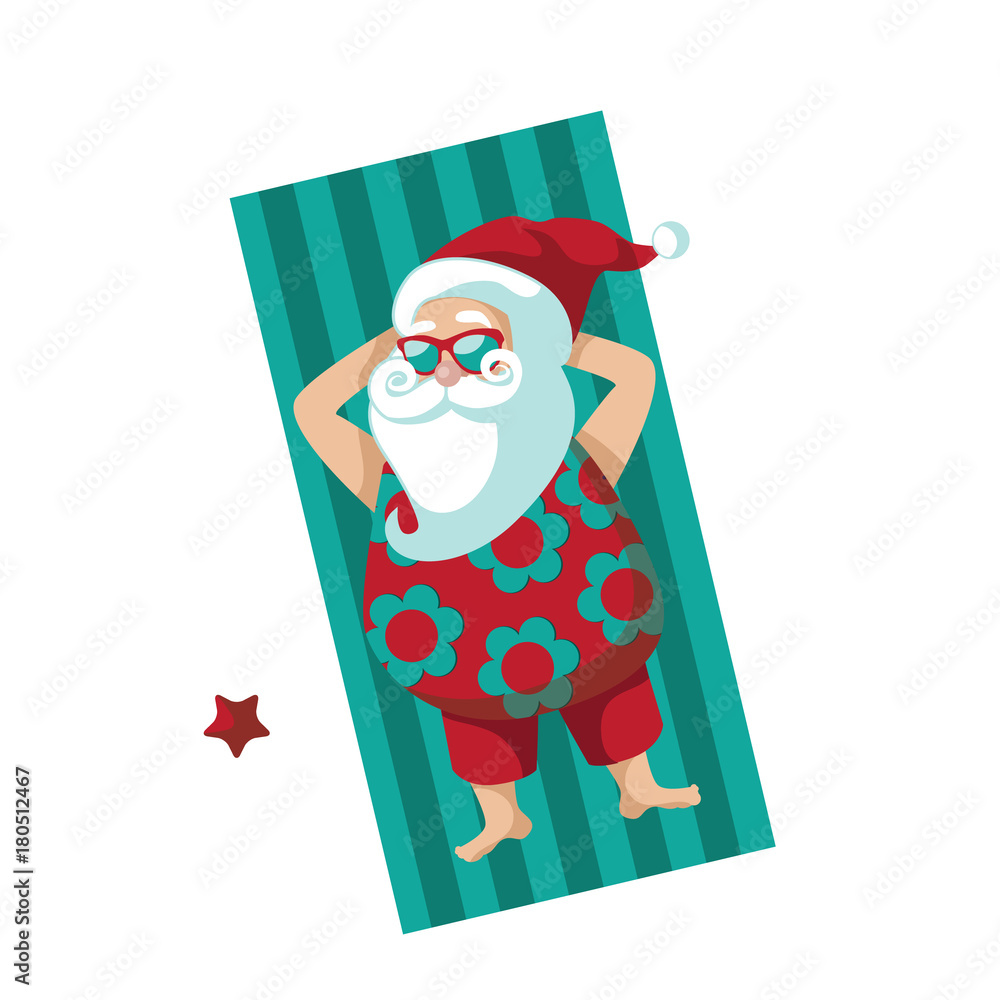 Christmas illustration cartoon Santa Claus sunbathing. EPS 10 vector ...