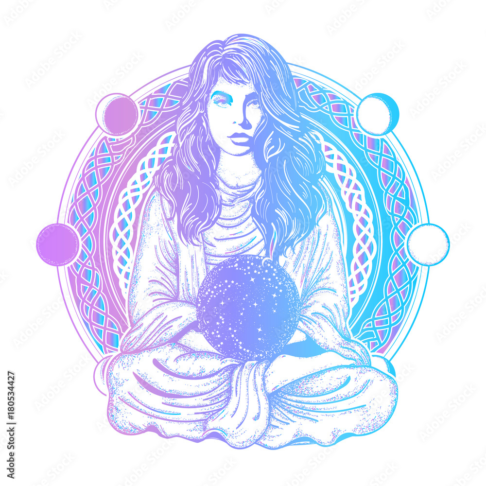 Magic woman color tattoo and t-shirt design. Woman meditation tattoo ...