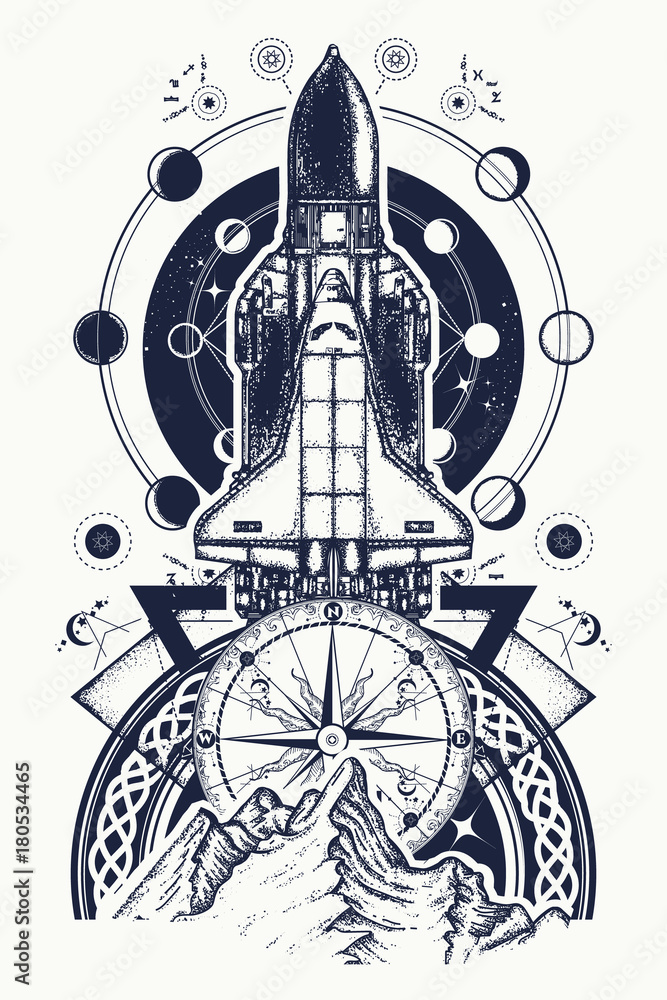 Space shuttle, compass and mountains tattoo art. Symbol of space ...